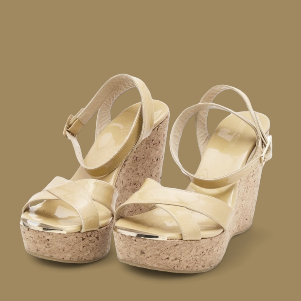 Jimmy Choo Patent Leather Cork Wedge Platform Sandals - Gem